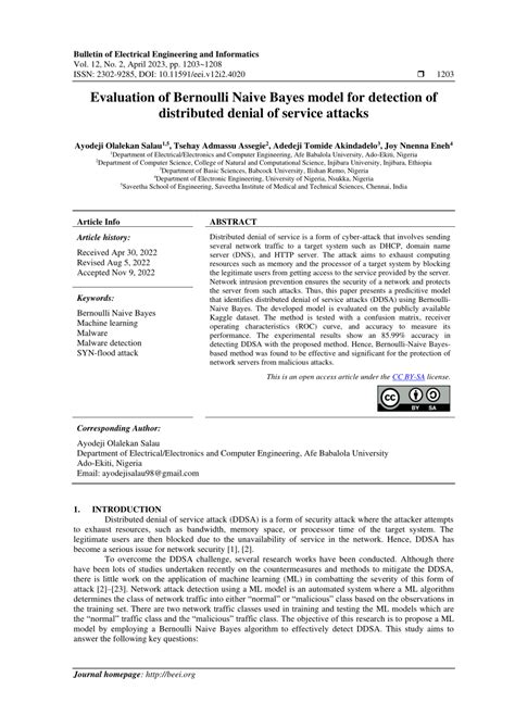 pdf evaluation of bernoulli naive bayes model for detection of distributed denial of service