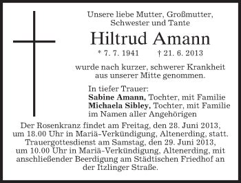 Traueranzeigen Von Hiltrud Amann Trauer Merkur De