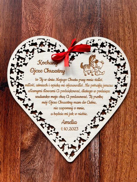 Podziękowanie dla Ojca Chrzestnego Chrzest Święty drewniane serce