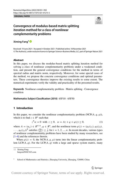 convergence of modulus based matrix splitting iteration method for a class of nonlinear
