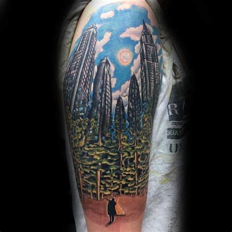 Man In Forest With City Skyline Background Cool Guys Arm Tattoos Upper