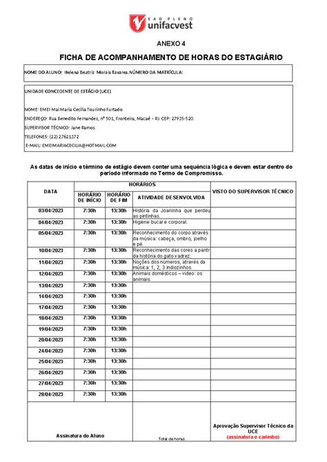 2ª Etapa Ficha de acompanhamento do estágio ANEXO 4 FICHA DE