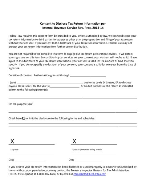 Fillable Online Consent To Disclose Tax Return Information Per Internal
