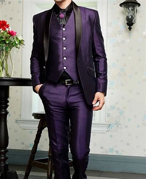 Purple Satin Groom Tuxedos Piece Slim Fit Black Lapel Mens Wedding