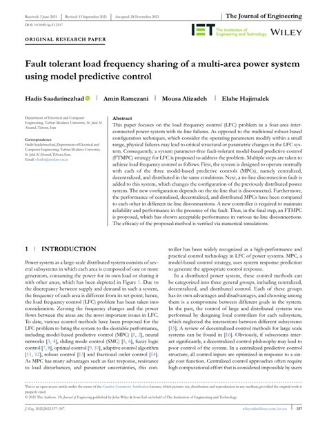pdf fault tolerant load frequency sharing of a multi‐area power system using model predictive