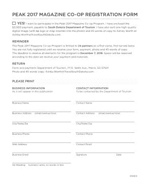 Fillable Online PEAK 2017 MAGAZINE CO OP REGISTRATION FORM Fax Email