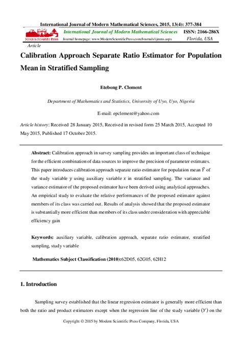 pdf calibration approach separate ratio estimator for population mean in stratified sampling
