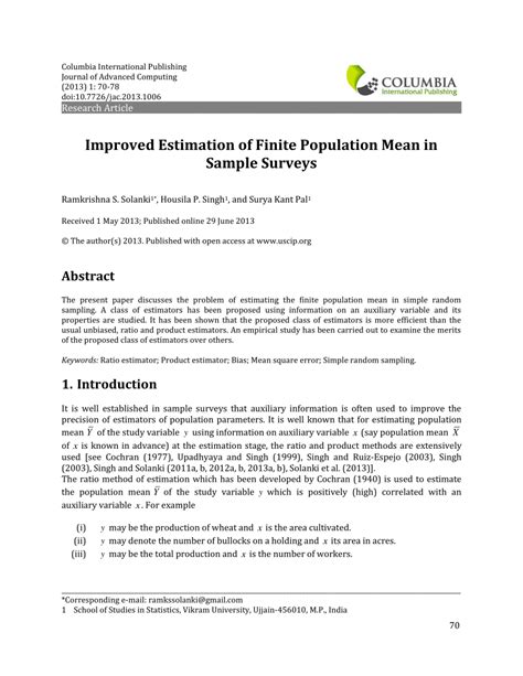 pdf improved estimation of finite population mean in sample surveys