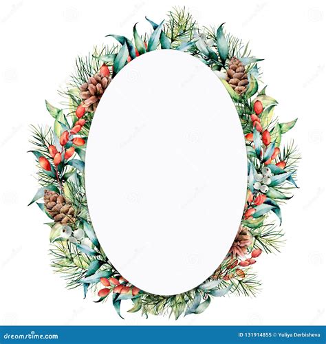 Marco Floral Oval De La Acuarela Con Las Plantas Del Invierno Ramas