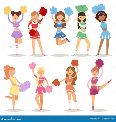 Cheerleading Team Dancing Together With Pom Poms Fans Girls In Purple