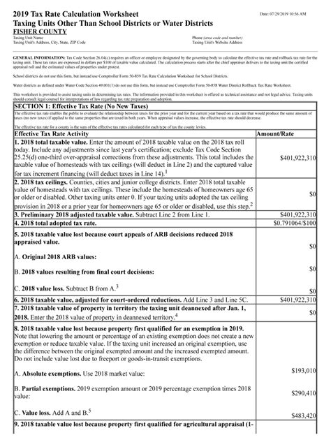 Fillable Online 2019 Tax Rate Calculation Worksheet Collin County Fax