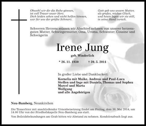 Traueranzeigen Von Irene Jung Rz Trauer De