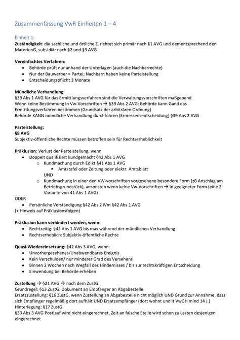 Zusammenfassung Verwaltungsverfahren U Rechtsschutz Einheiten 1 4