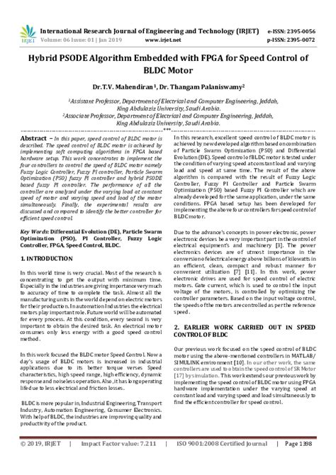 pdf irjet hybrid psode algorithm embedded with fpga for speed control of bldc motor irjet