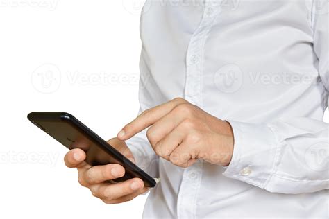 Close Up Image Of Businessman Hand Holding Mobile Phone Isolated