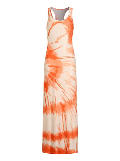 Maxikleid ärmellos Sommerkleider lang Orange rot Damenmode U Ausschnitt