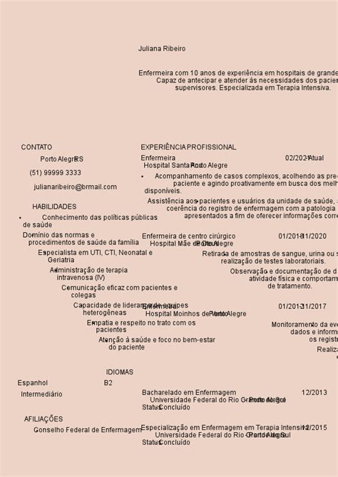 Exemplo De Curr Culo De Enfermeiro Meucurr Culoperfeito