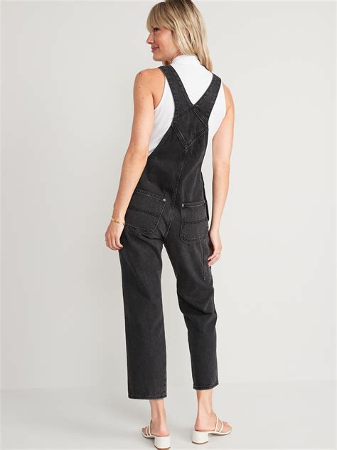 Slouchy Straight Black Workwear Non Stretch Jean Overalls For Women
