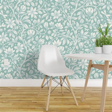 Pre Pasted Wallpaper 2FT Wide Floral Mint Green Tree Whimsical Plant