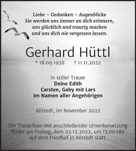 Traueranzeigen von Gerhard Hüttl abschied nehmen de