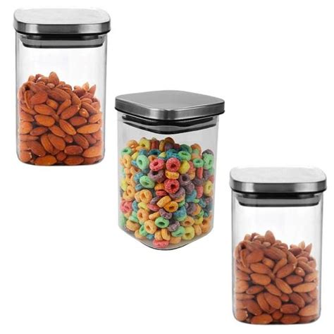Kit 3 Potes De Vidro Hermetico Tempero Quadrado Tampa Inox 800ml