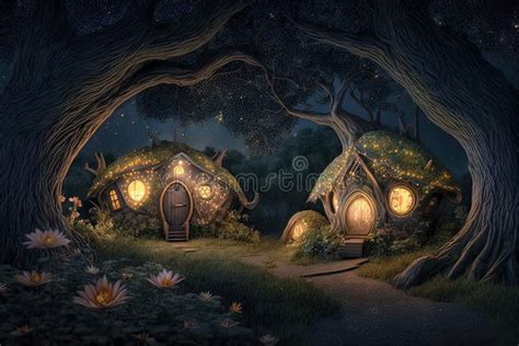 Casas De Fantasía En El Bosque De Cuento De Hadas Pueblo Y Luciérnagas
