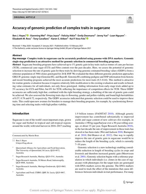 accuracy of genomic prediction of complex traits in sugarcane request pdf