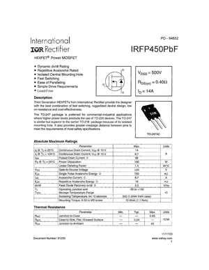 IRFP450 MOSFET Datasheet Pdf Equivalent Cross Reference Search
