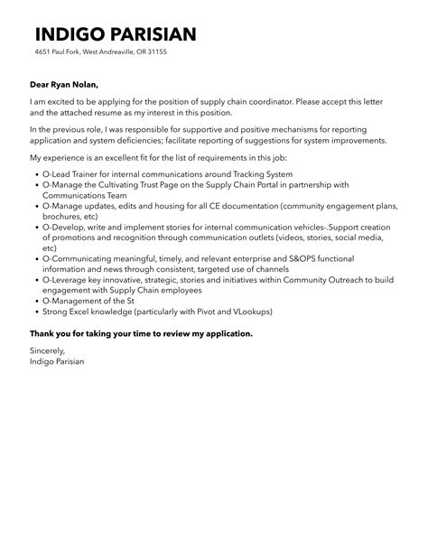 Supply Chain Coordinator Cover Letter Velvet Jobs
