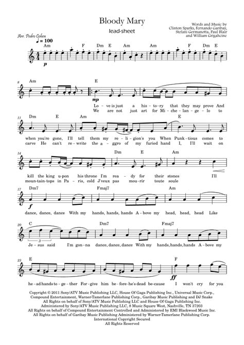 Bloody Mary Arr Pedro Cohen Sheet Music Lady Gaga Lead Sheet