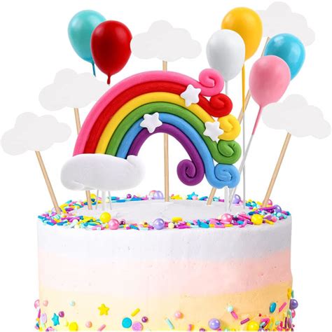 12 delar Grattis på födelsedagen tårta toppers regnbåge ballong moln