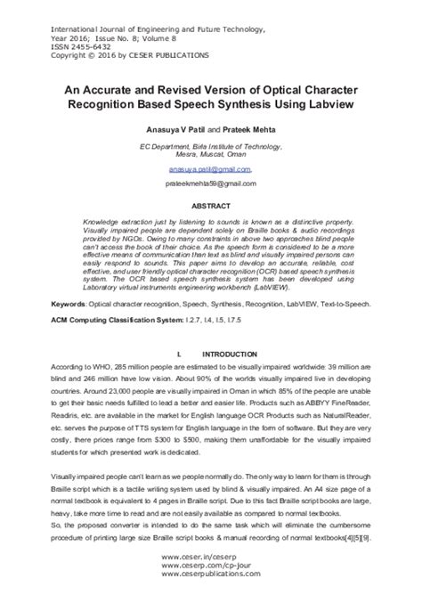 pdf an accurate and revised version of optical character recognition based speech synthesis