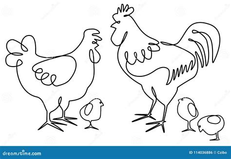 Gallo Gallina Y Pollos Un Diseño Del Dibujo Lineal Ilustración del