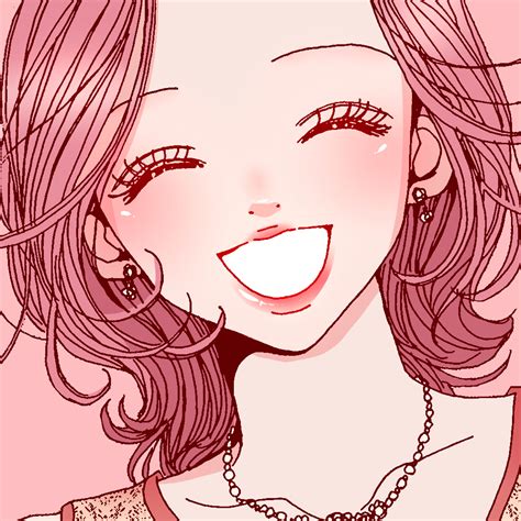 A Drawing Of A Woman With Pink Hair And Necklaces Smiling At The Camera