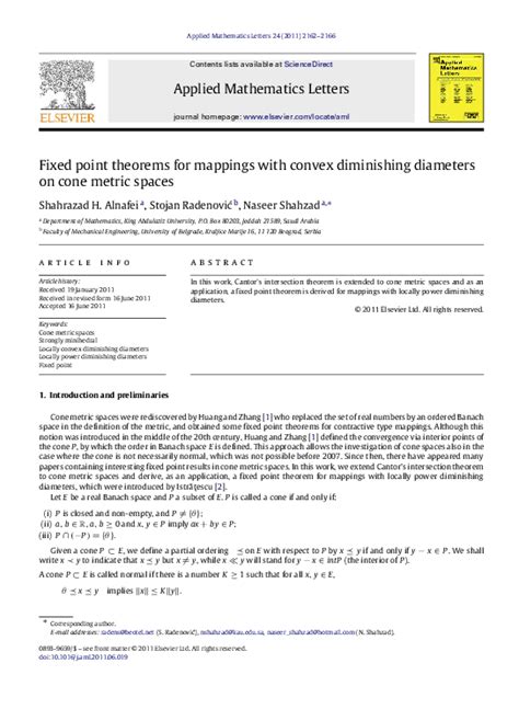 pdf fixed point theorems for mappings with convex diminishing diameters on cone metric spaces