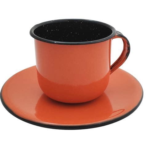 Caneca Esmaltada Xícara Pires Para Chá Café 180ml Laranja Pão de