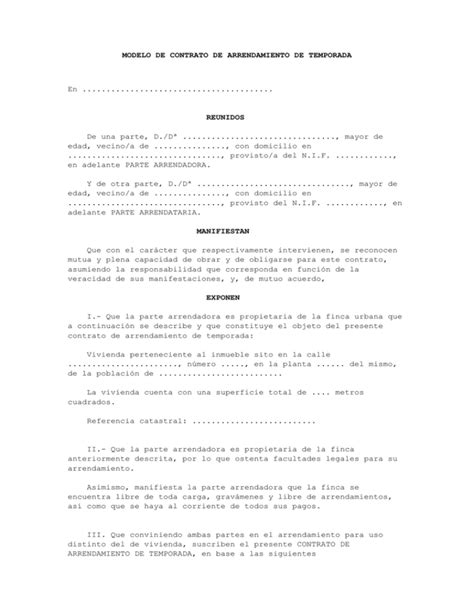 Contrato De Arrendamiento De Temporada