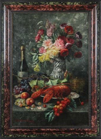 Nature Morte Avec Homard Fruits Bouteille De Vin Et Fleurs Sur Un