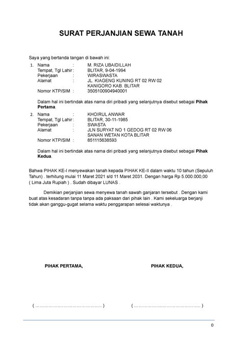 Surat Perjanjian Tanah SURAT PERJANJIAN SEWA TANAH Saya Yang Bertanda