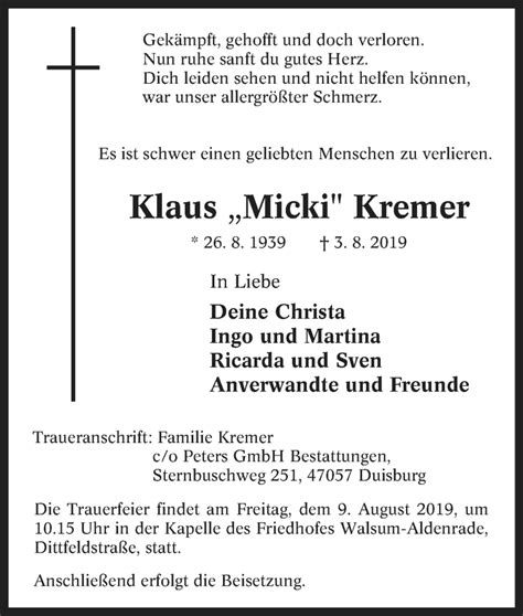 Traueranzeigen Von Klaus Kremer Trauer In NRW De