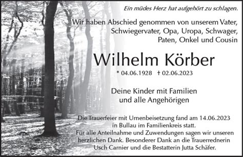 Traueranzeigen von Wilhelm Körber vrm trauer de