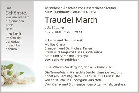 Traueranzeigen Von Traudel Marth Trauer HNA De