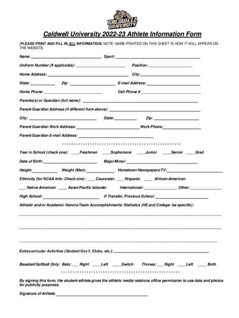 Fillable Online Athlete Information Form Caldwell Fill Out And Sign