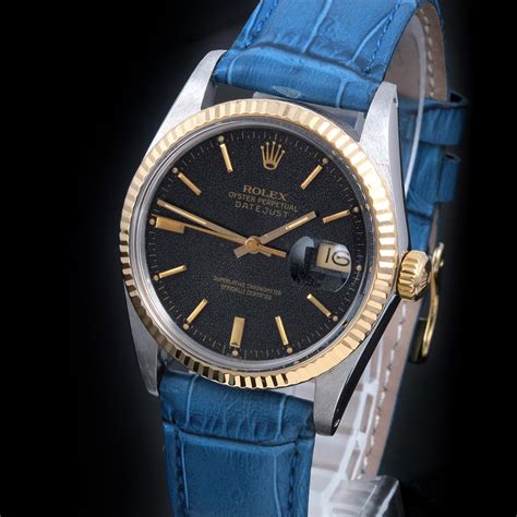 Rolex Mens TT Datejust Black Patina Dial Blue Leather Strap Watch Ref