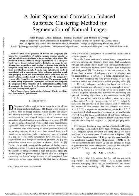 pdf a joint sparse and correlation induced subspace clustering method for segmentation of