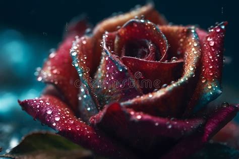 Rainbow Rose With Dew Drops Neural Network AI Generated Stock Photo