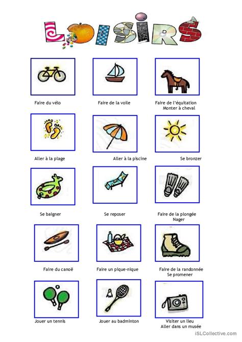 Loisirs Dictionnaire Visuel Ou T Ch Fran Ais Fle Fiches Pedagogiques