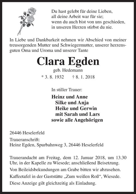 Traueranzeigen Von Clara Egden Nordwest Trauer De