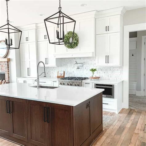 Stained Wood Kitchen Island With Black Pendant Lighting Soul Lane