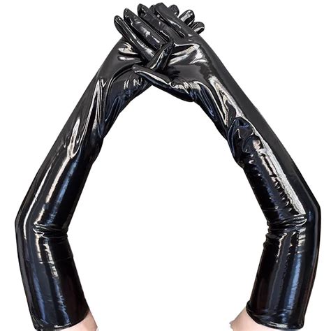 Gants Sexy En Latex Verni Noir Pour Femme Moufles Longues Performance